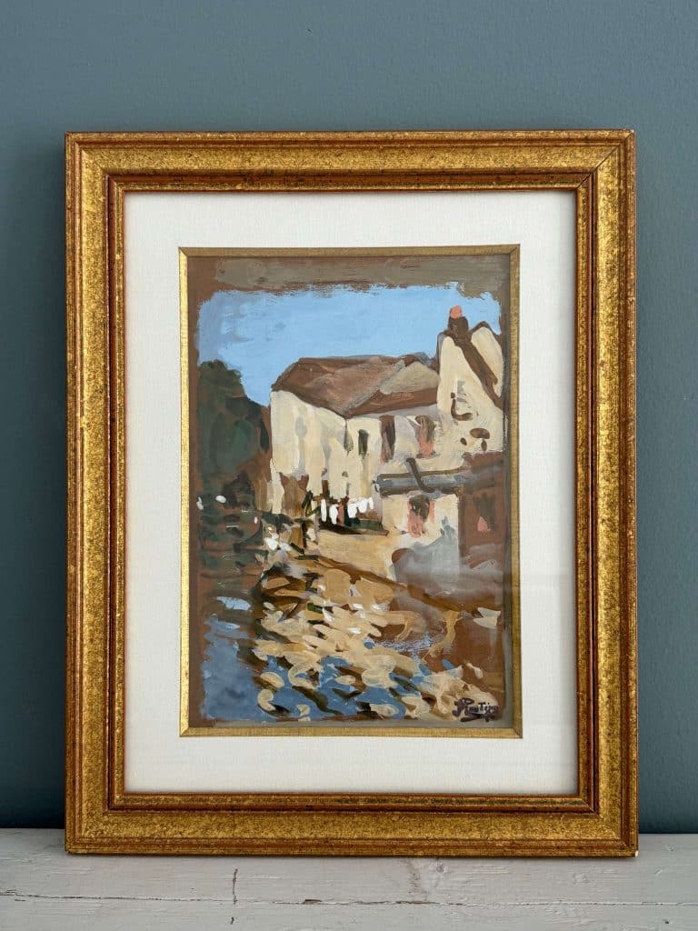 Maison en bord de rivière, gouache signée Montézin (XXème) - ZazouBroc